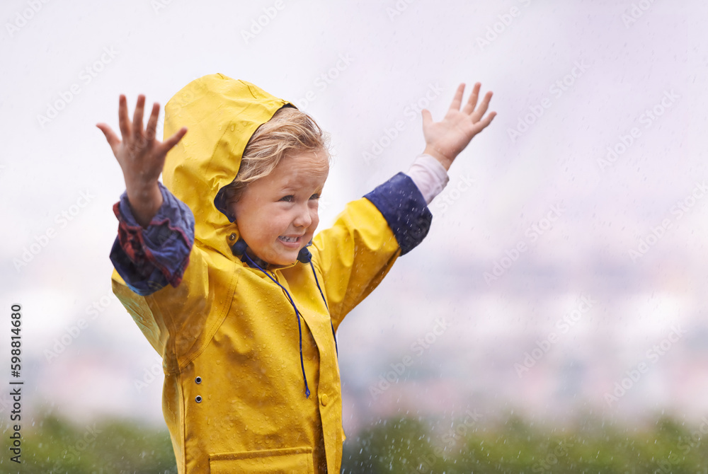 Girl, outdoor and playing in rain with happiness, hands and freedom in ...