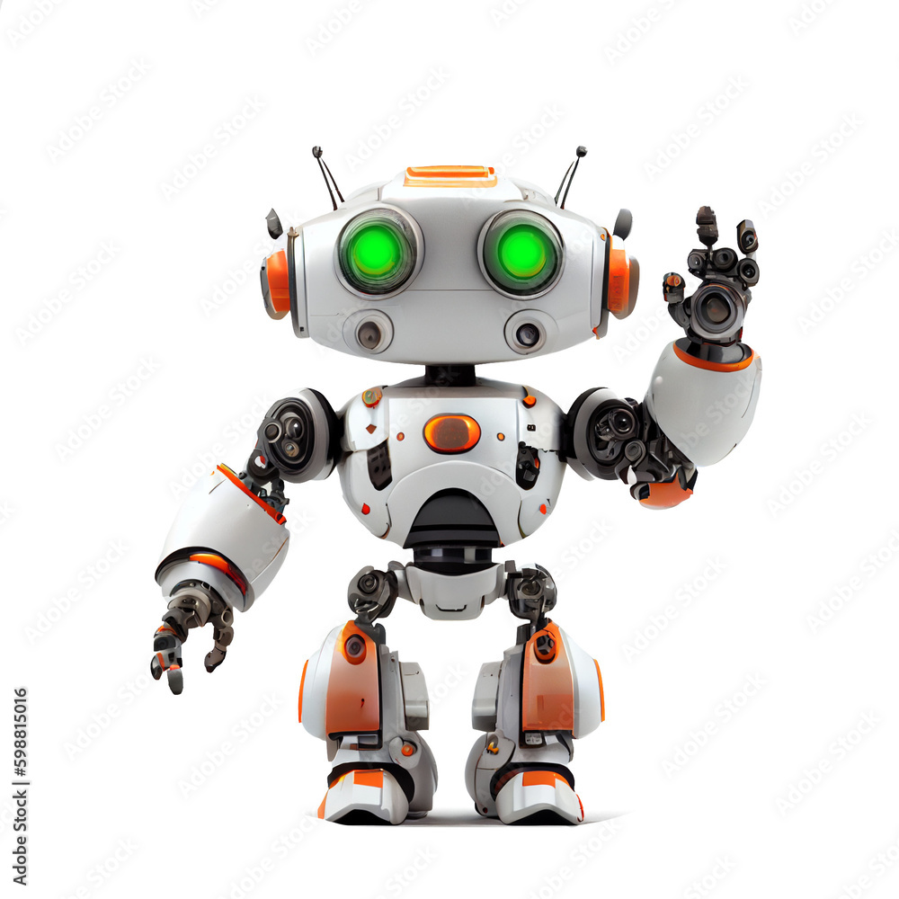 cute robot Raising hands in greeting. Hello robot. on a transparent ...