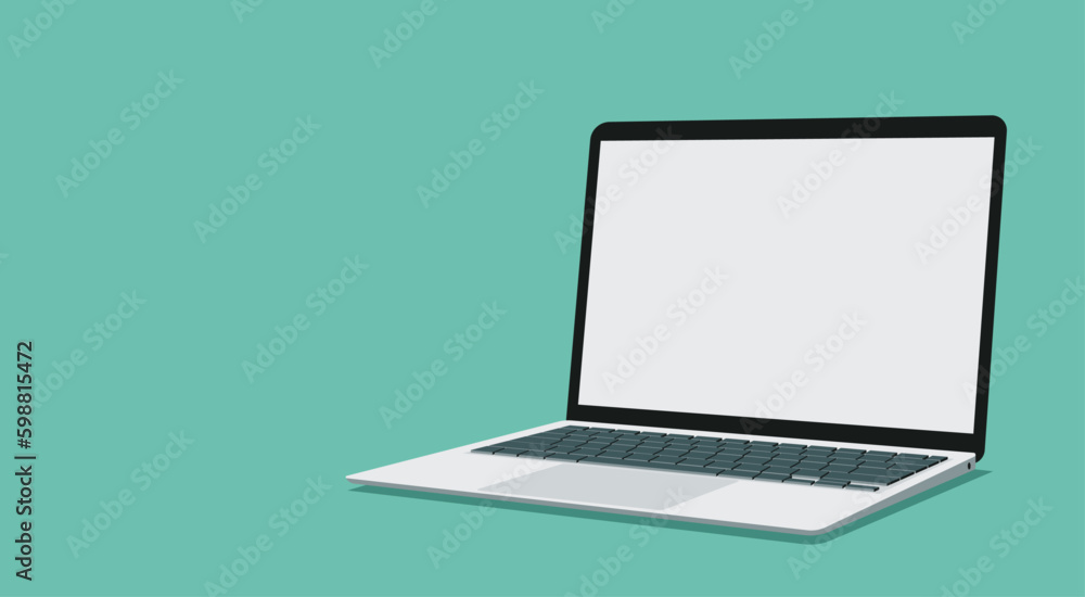 perspective angle laptop computer with white blank empty display screen ...