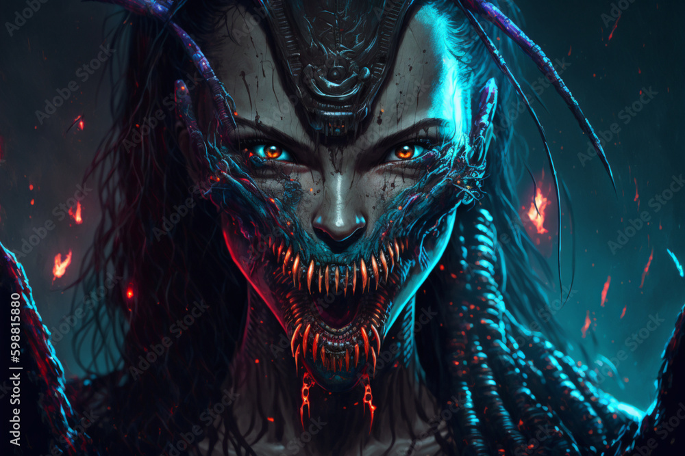 Female Alien spikes armor monster cyborg from the multiverse, neon ...