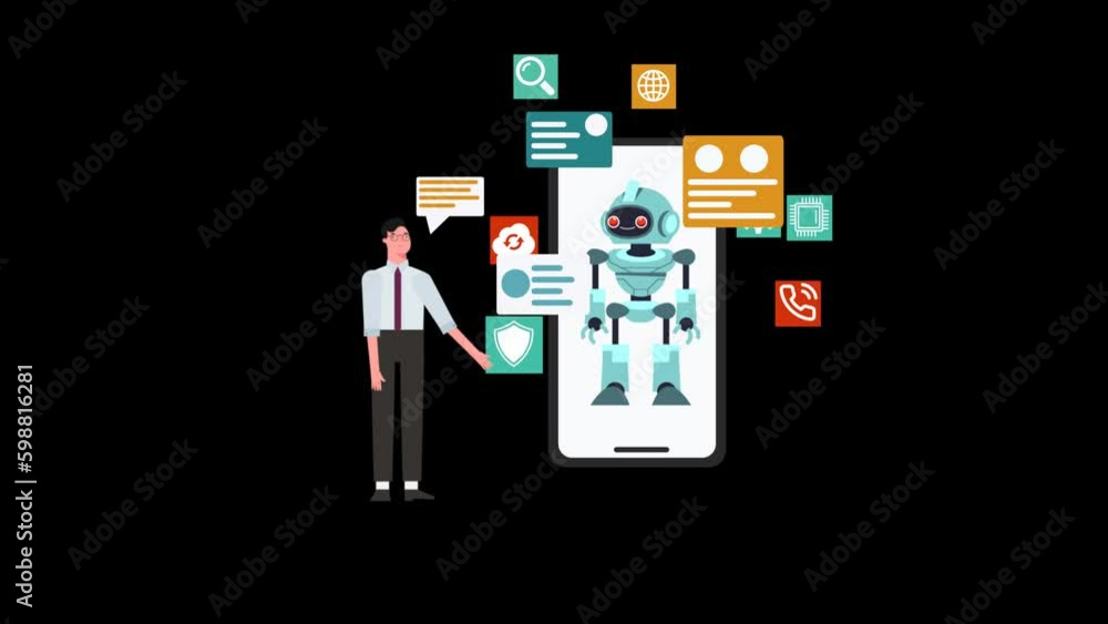 Chat bot robot interacting with man on smartphone, robot, virtual ...