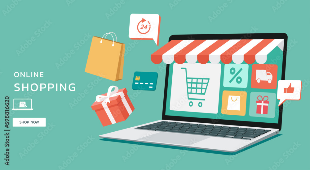 online shopping on laptop computer concept with shopping bag, delivery ...
