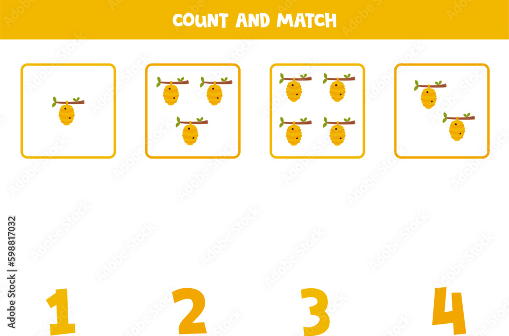 Counting game for kids. Count all bee hives and match with numbers ...