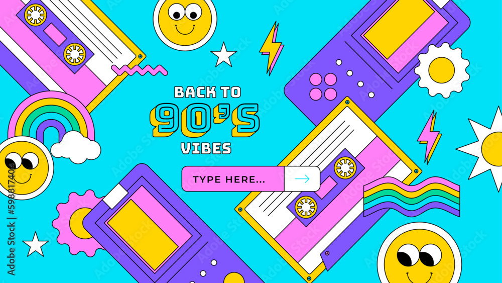 Vector 90s party cartoon background illustration with retro music 1990 ...