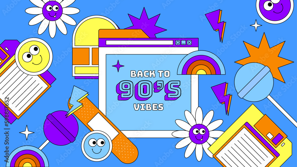 Vector 90s party cartoon background illustration with retro music 1990 ...