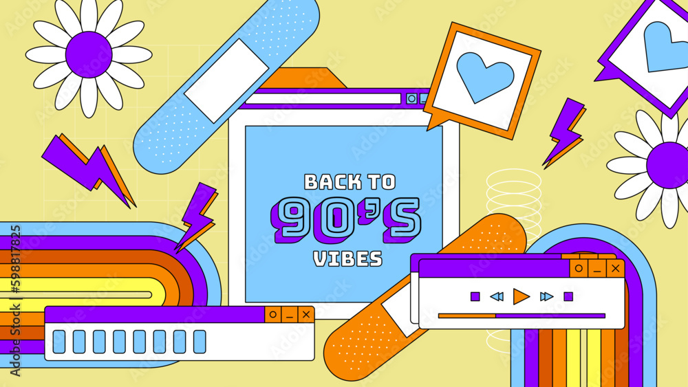 Vector 90s party cartoon background illustration with retro music 1990 ...