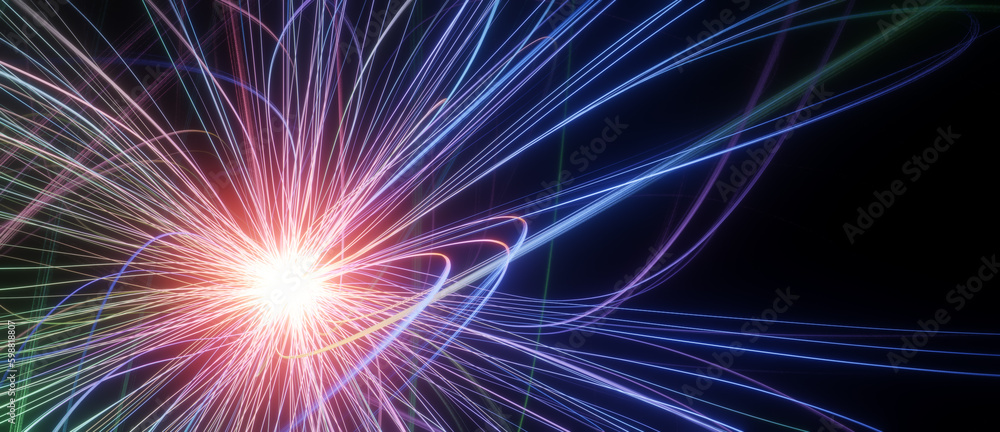 Abstract visualization of red glowing orb with long curly waving flares ...