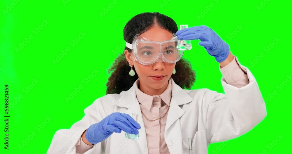 Science, goggles and a woman mixing on a green screen background in ...