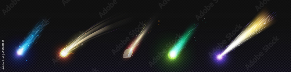 Comet and meteoroid fall speed trail galaxy vector set. 3d meteor ...
