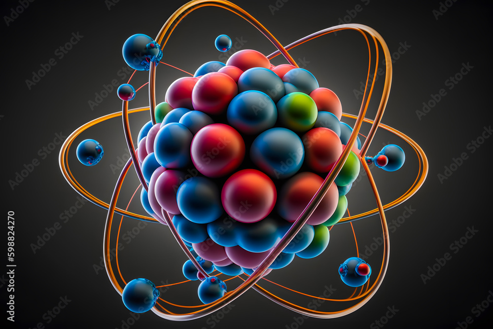 Enlarged model of an atom with a nucleus of protons, neutrons and ...
