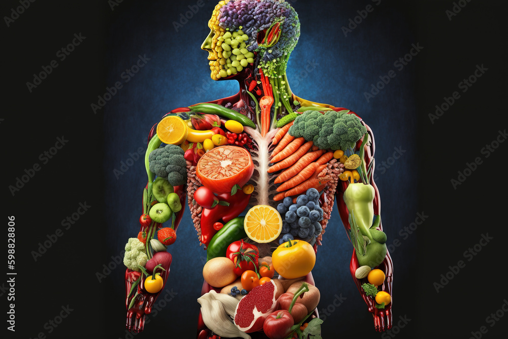 Nutritional concept. Huma body made of variety of fruits and vegetables ...