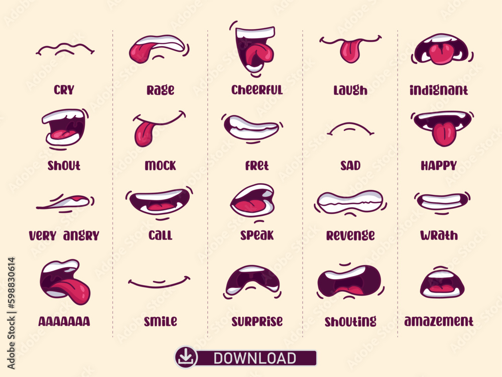 Funny mouths. Facial expressions, cartoon lips and tongues. Hand ...