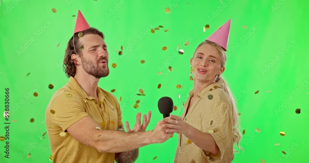 Green screen, party and couple on karaoke for a birthday celebration ...
