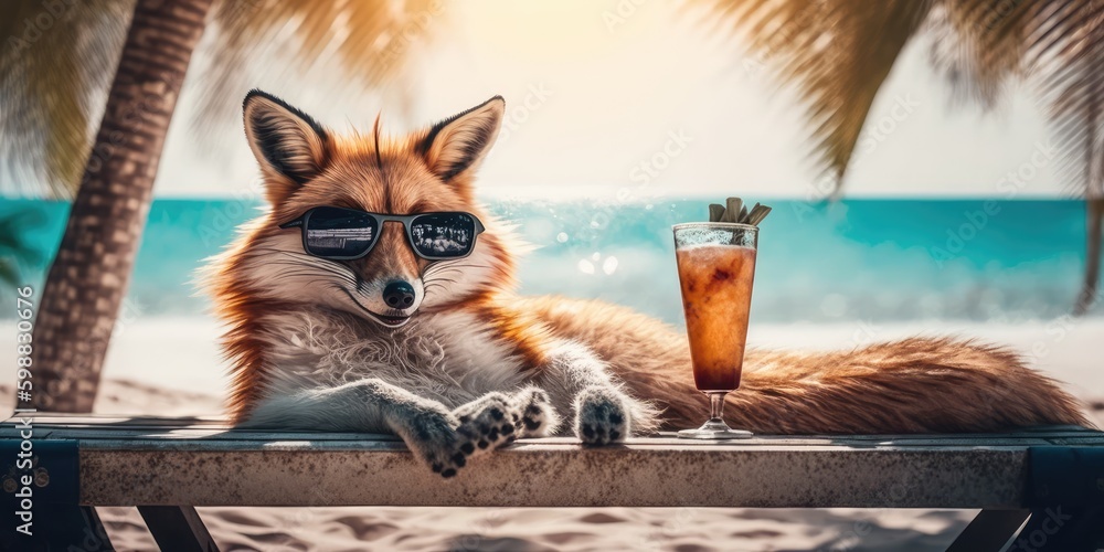 fox is on summer vacation at seaside resort and relaxing on summer ...