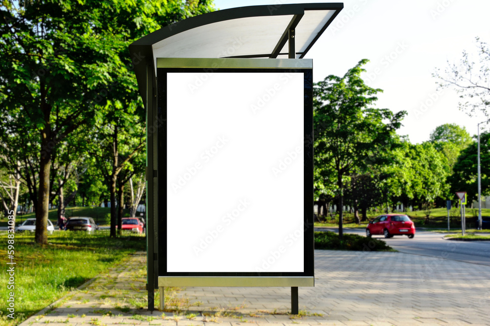bus shelter blank with ad panel. billboard display. empty white ...