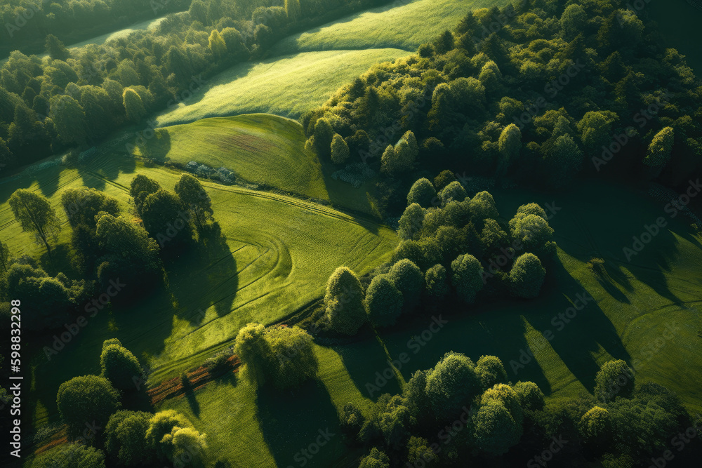 Aerial view of green agricultural fields planted with various crops ...