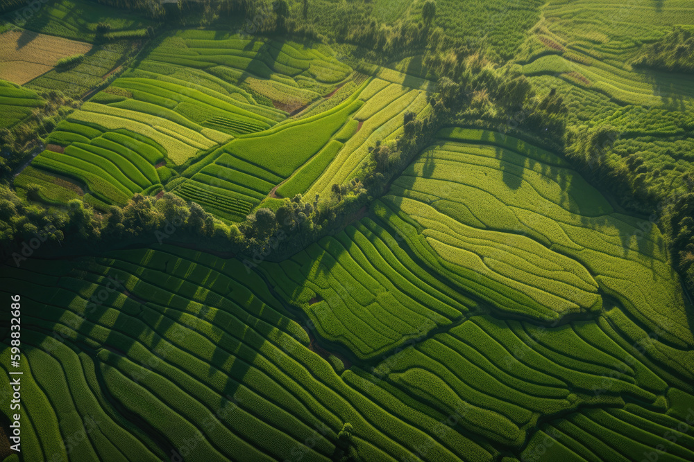 Aerial view of green agricultural fields planted with various crops ...