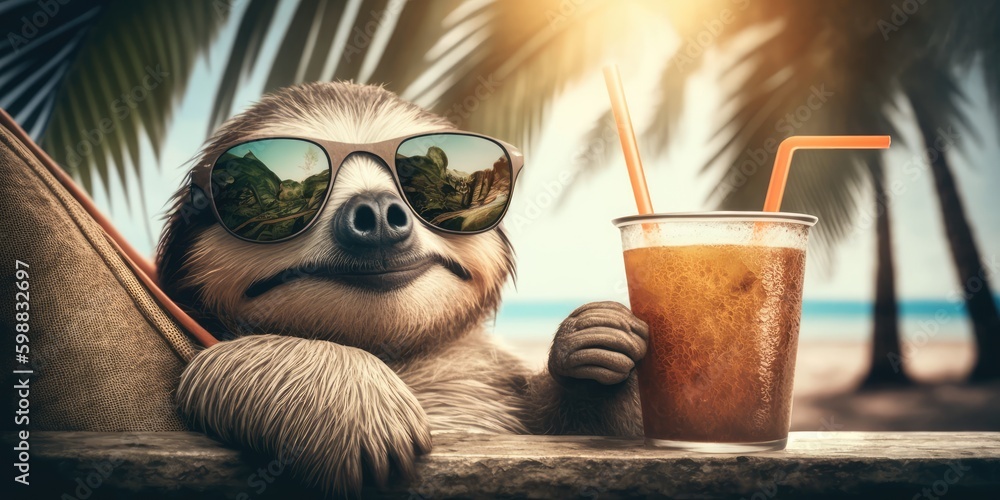 sloth is on summer vacation at seaside resort and relaxing on summer ...