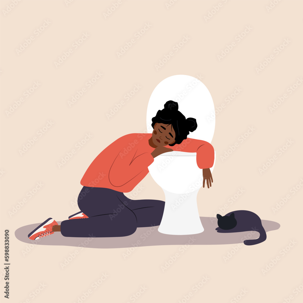 Eating disorder. Unhealthy african woman sitting on floor leaning on toilet and feeling nausea ...