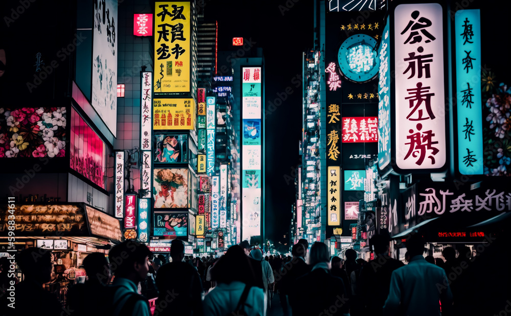 Japanese street with colorful neon signs lighting up the night, and ...