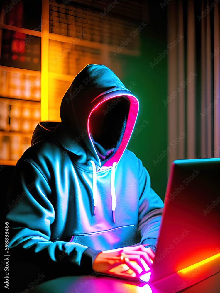 unrecognizable male hacker in dark neon room. Generative AI Stock ...