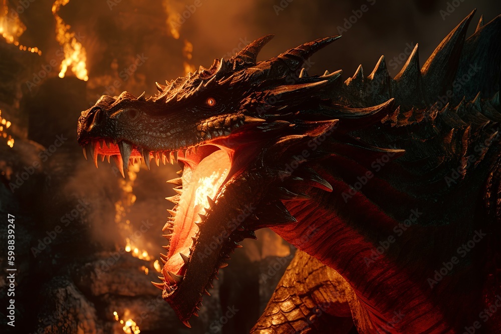 A huge, vicious dragon guarding the dungeon. a threatening posture with ...