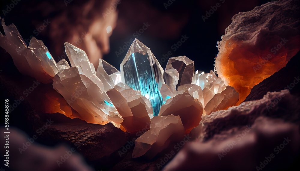 a cluster of crystals in a cave with a light coming from behind it and ...