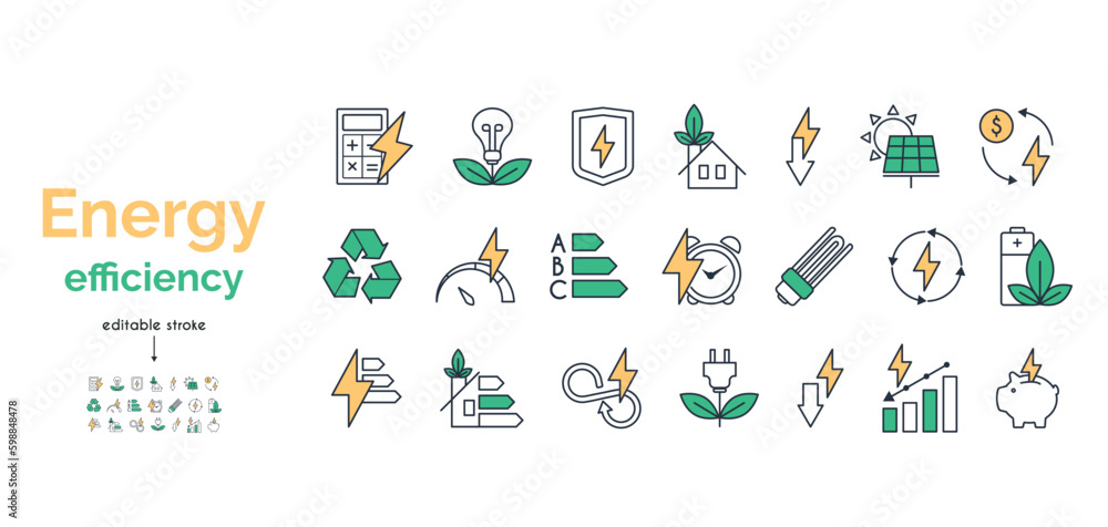 Energy efficiency icon set. Calculator, energy-saving light bulb, piggy ...