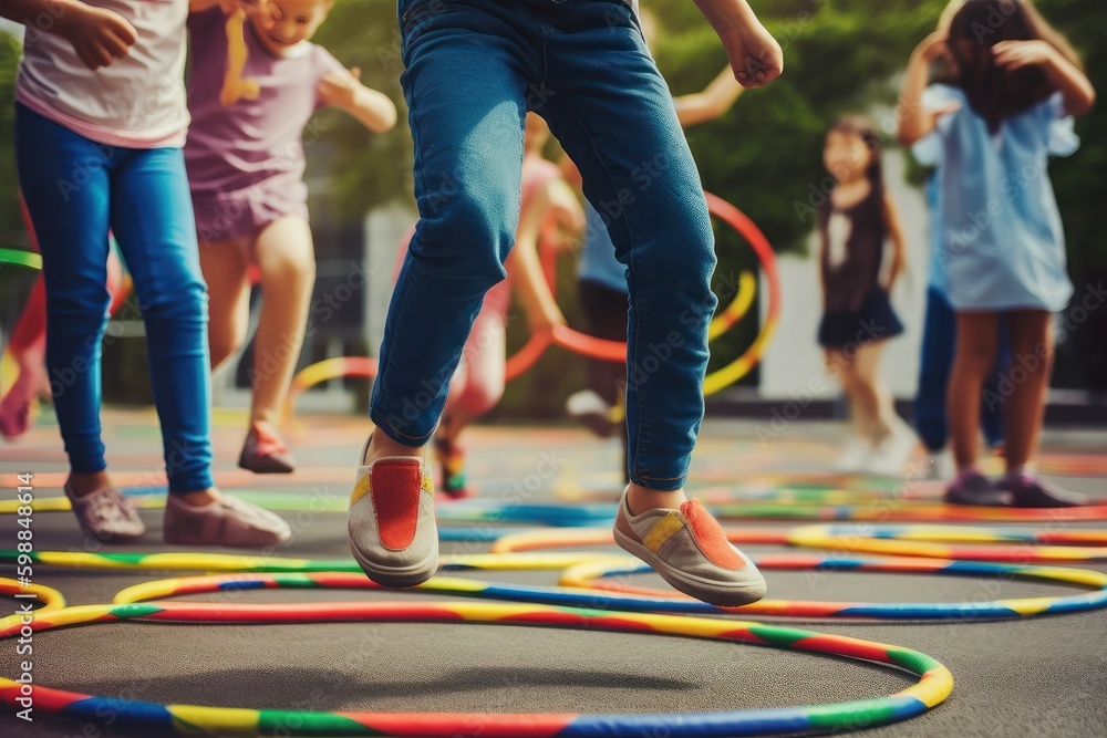 Low section of kids playing with hula hoop on playground during ...