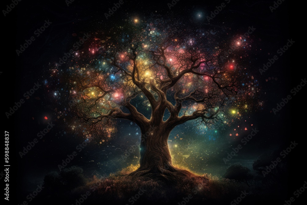 Fantasy landscape with magic trees and planets. Digital Illustration in ...