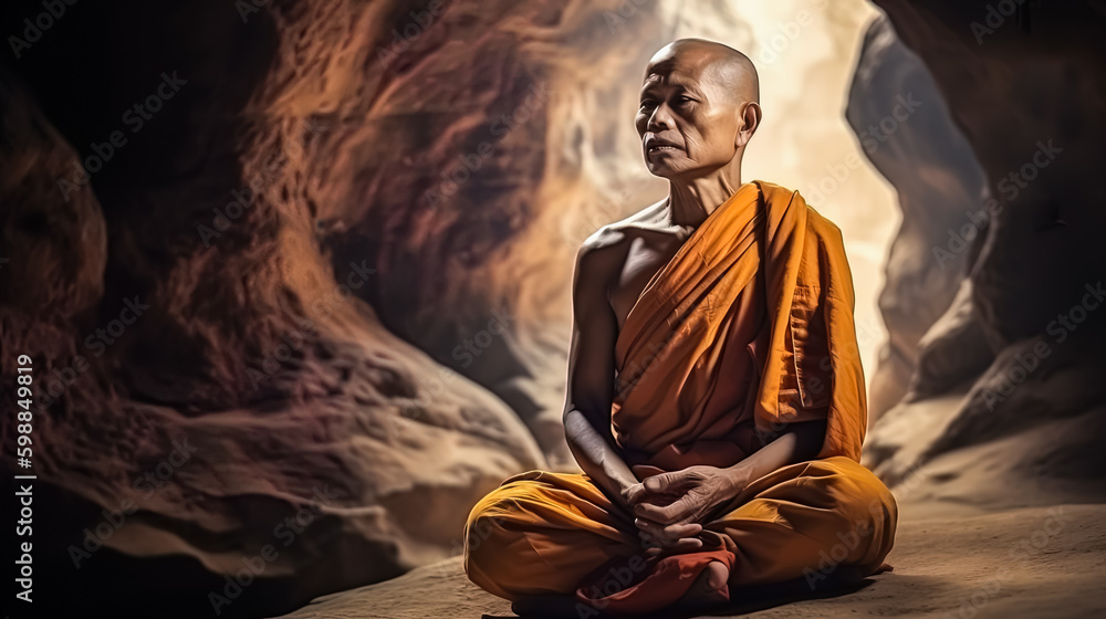 Asian Buddhist Monk in Meditation Inside Majestic Cave with Stalactite ...