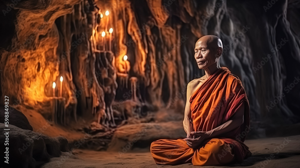 Asian Buddhist Monk in Meditation Inside Majestic Cave with Stalactite ...
