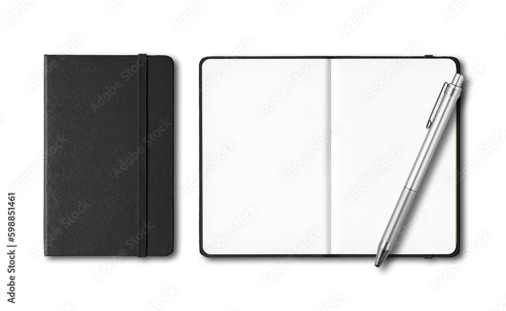 Black closed and open notebooks with a pen isolated on transparent ...