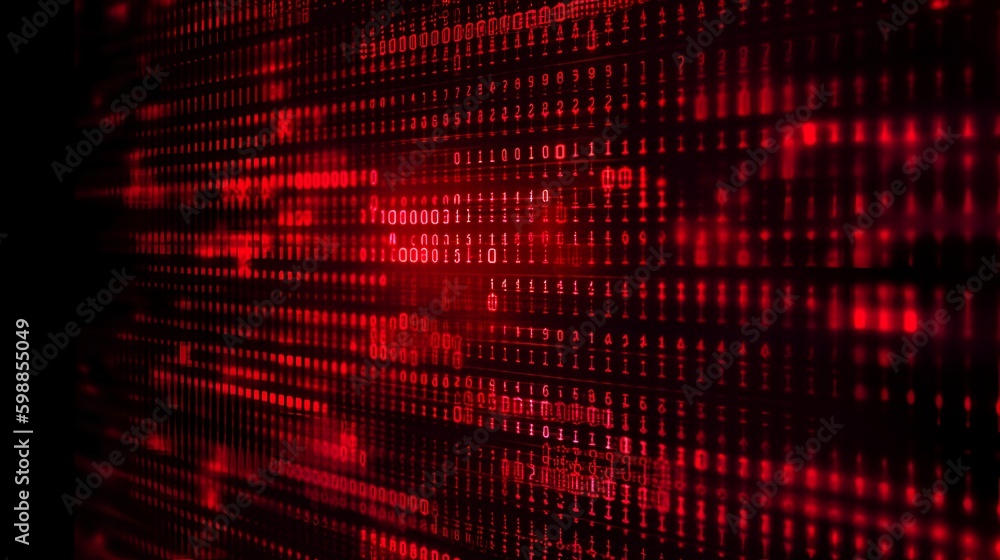 Red, abstract binary code elements on a dark screen, illustrating the ...