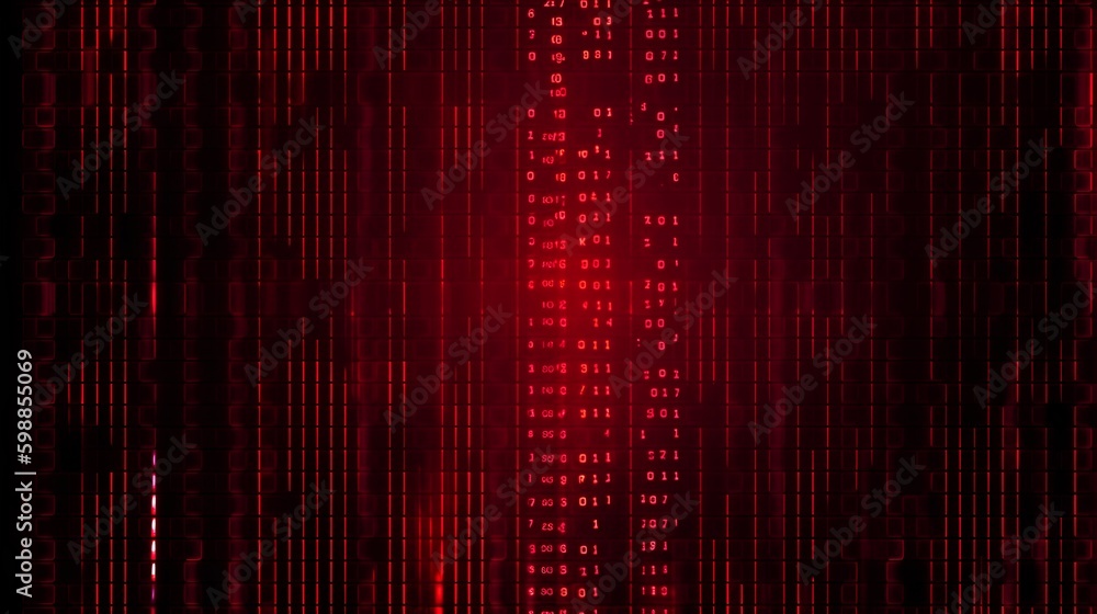 Red, abstract binary code elements on a dark screen, illustrating the ...