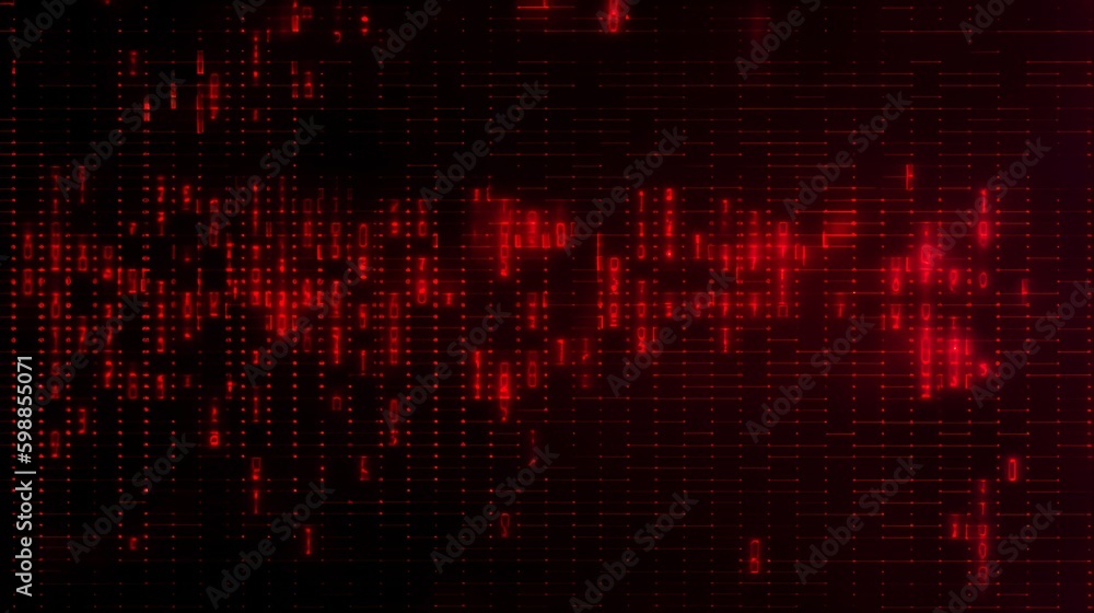 Red, abstract binary code elements on a dark screen, illustrating the concepts of malware ...