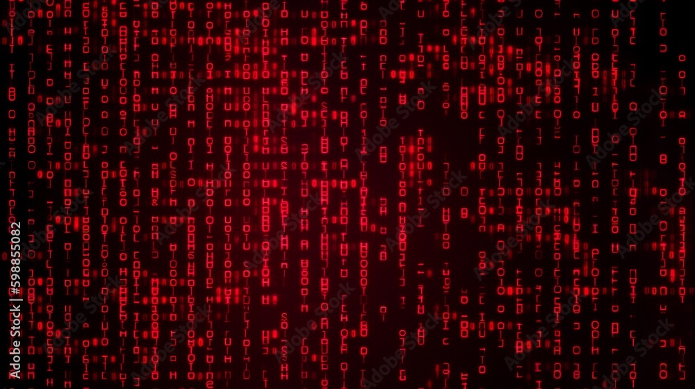 Red, abstract binary code elements on a dark screen, illustrating the ...