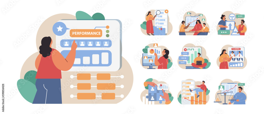 Employee performance management set. Performance indicators and reports ...