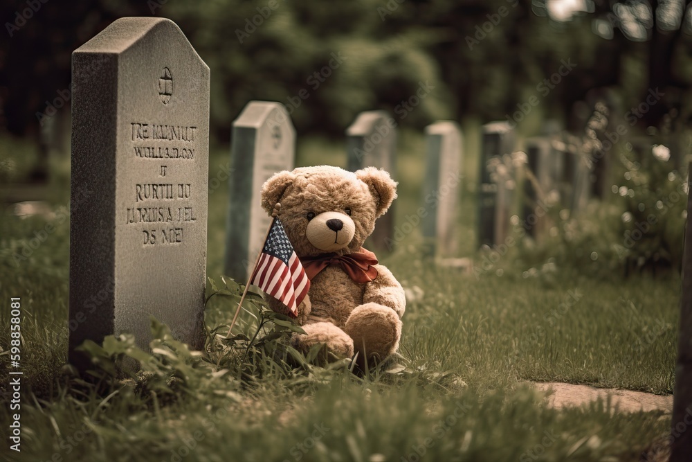 Memorial day with a teddy bear and an American flag in a cemetery ...