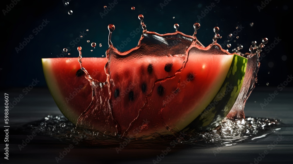 Flying watermelon slice with water splash, Water splashing on Sliced of ...