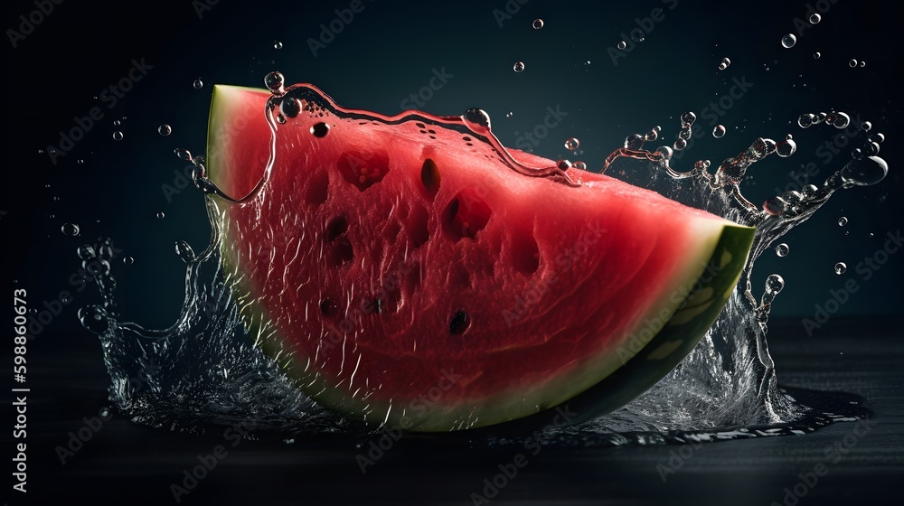 Flying watermelon slice with water splash, Water splashing on Sliced of ...
