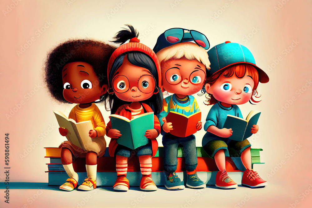 Group of cute multicultural children reading books (Generative AI ...