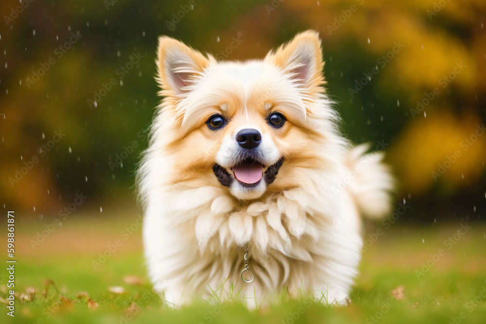 Cute German Spitz. Portrait of a beautiful German Spitz dog in the park ...
