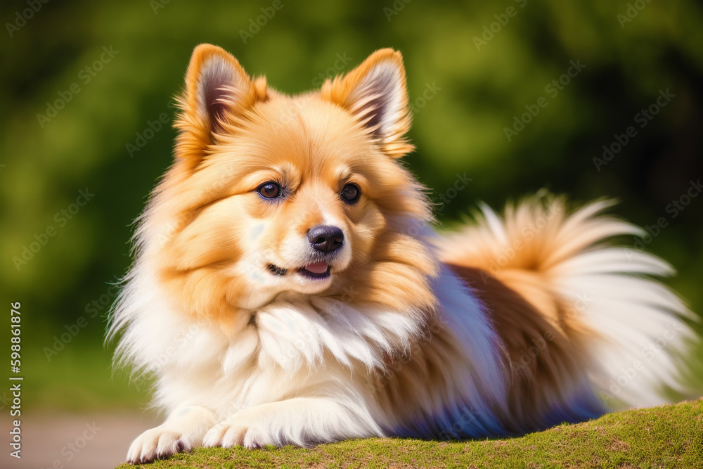 Cute German Spitz. Portrait of a beautiful German Spitz dog in the park ...