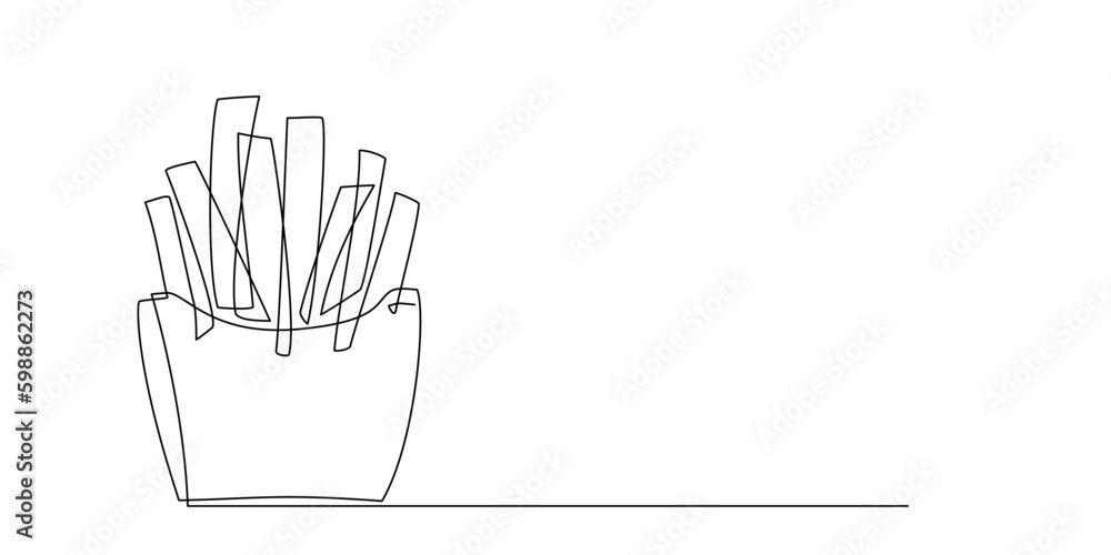Continuous one line drawing of french fries. Single line drawing of ...
