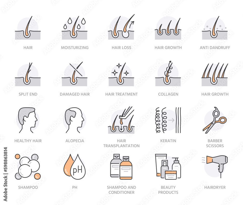 Hair loss treatment flat line icons set. Shampoo ph, dandruff, hair ...
