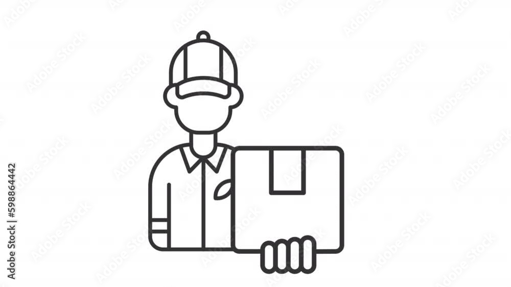 Animated postman line icon. Mailman holds parcel box animation. Postal ...