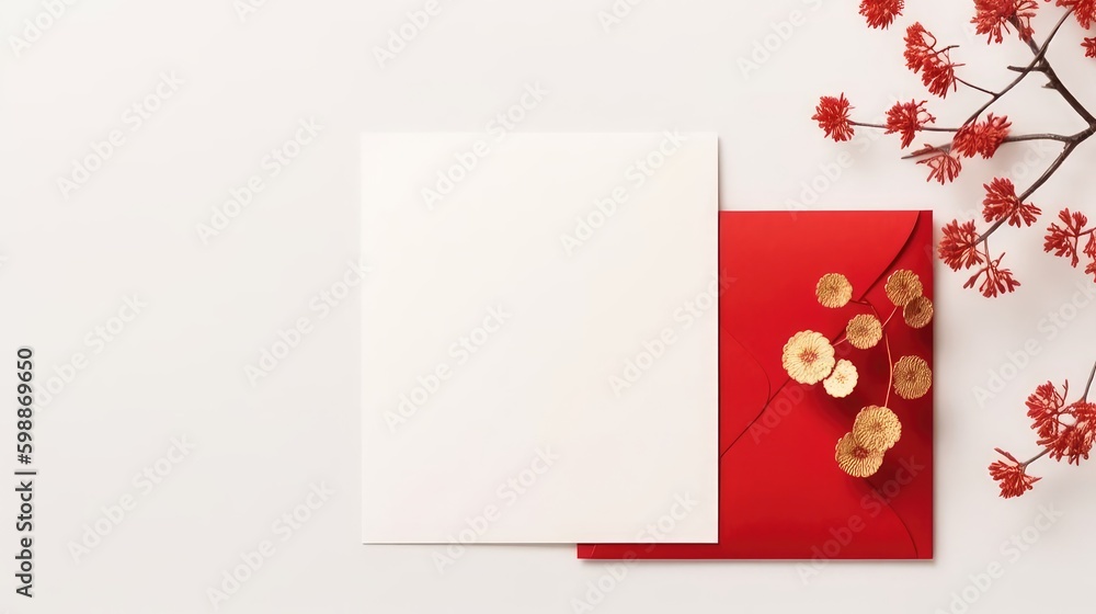 Blank White Paper or Card with Red Envelope and Decorative Floral ...