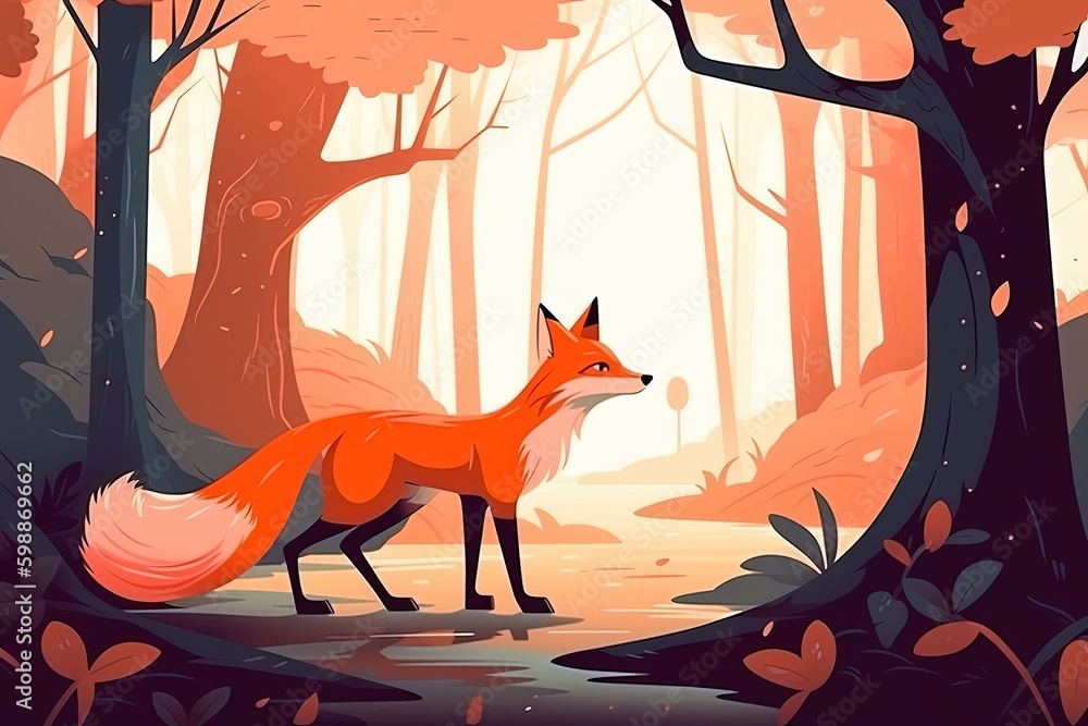 Cute fox in spring forest in 2d cartoon style. Generated ai. Stock ...