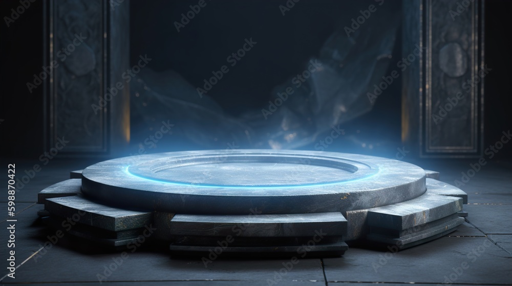 Generative Ai, there is a podium in a cyberpunk-style room surrounded ...